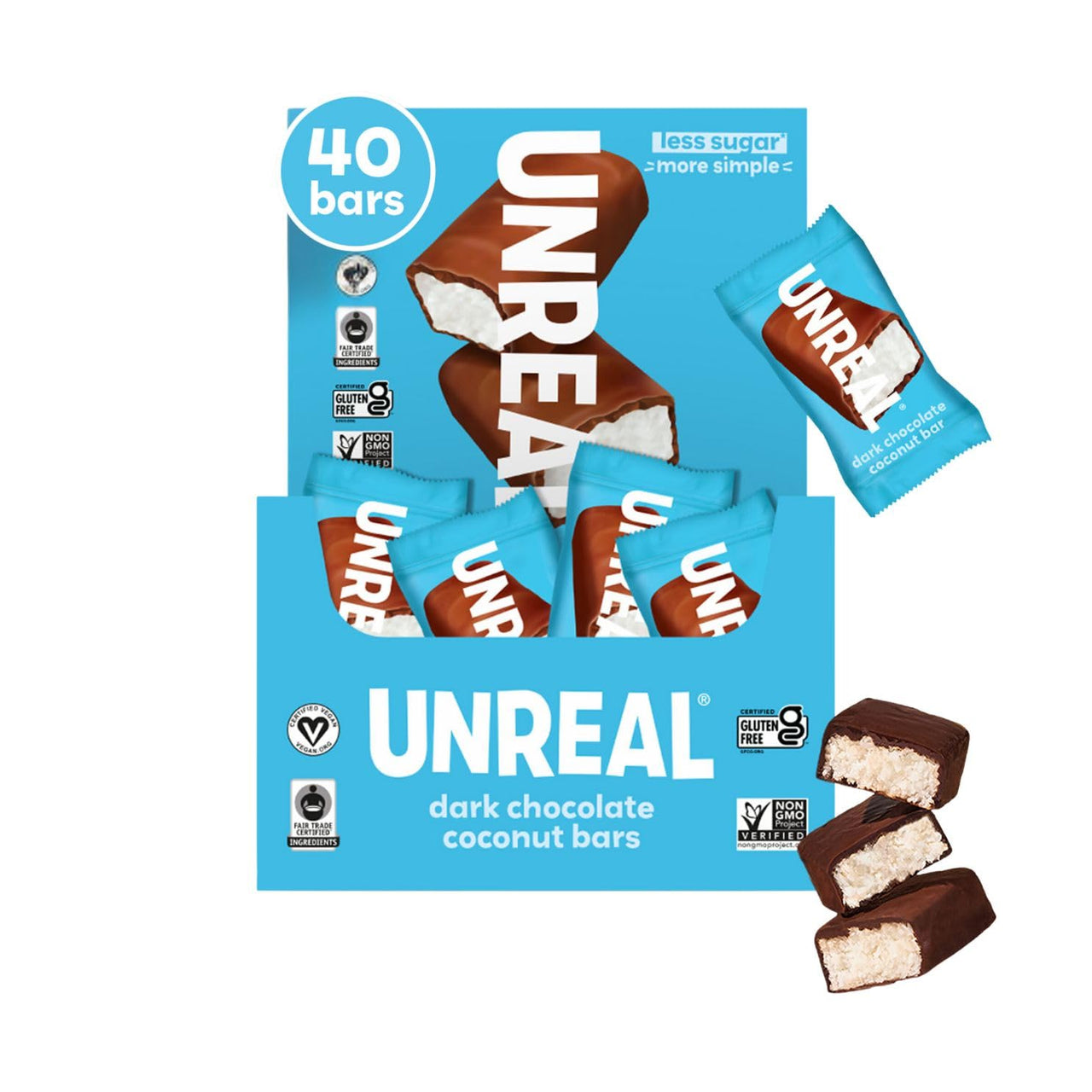 Buy UNREAL Dark Chocolate Coconut Bars (40 Mini Bars) | Vegan, 3g Sugar ...
